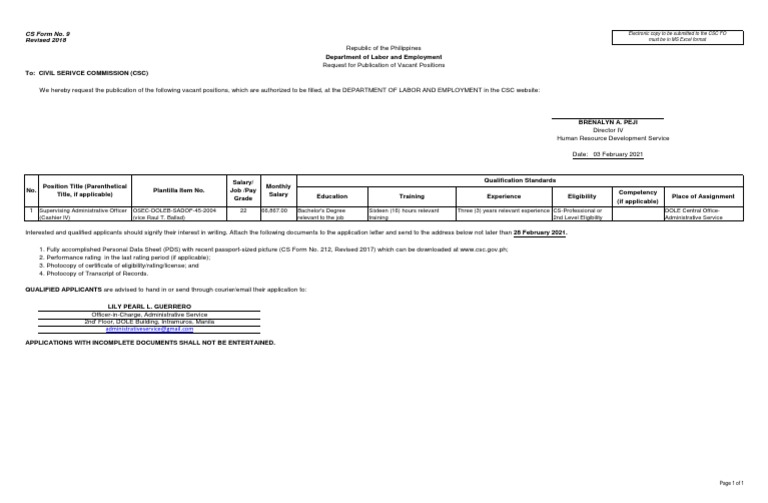 CS Form No. 9 Revised 2018: Electronic Copy To Be Submitted To The CSC ...