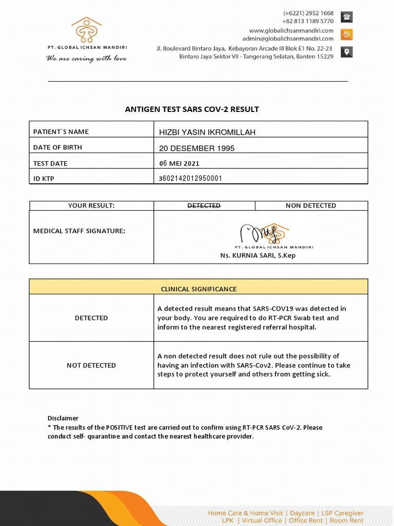 Antigen Test Sars Cov-2 Result: Hizbi Yasin Ikromillah 20 DESEMBER 1995 ...