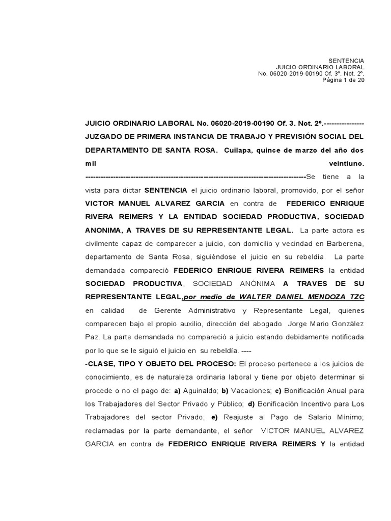 SENTENCIA LABORAL Ambas Partes Rebeldes | PDF | Salario | Ley procesal