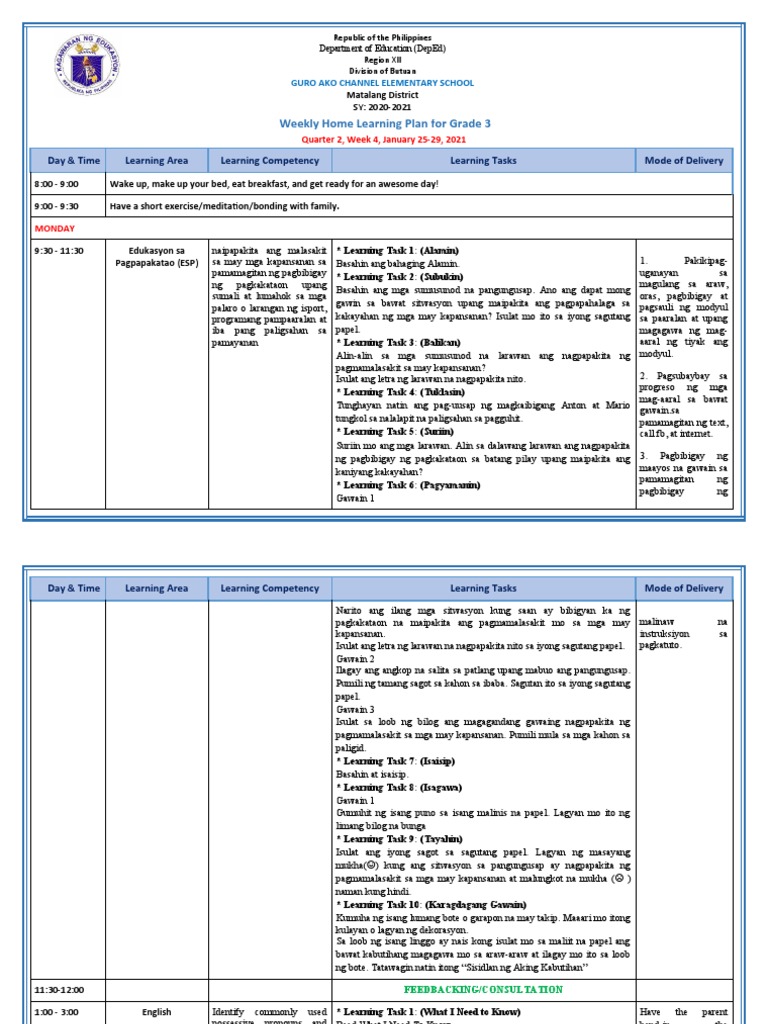 WHLP Detailed Grade 3 q2 w4 All Subjects | PDF