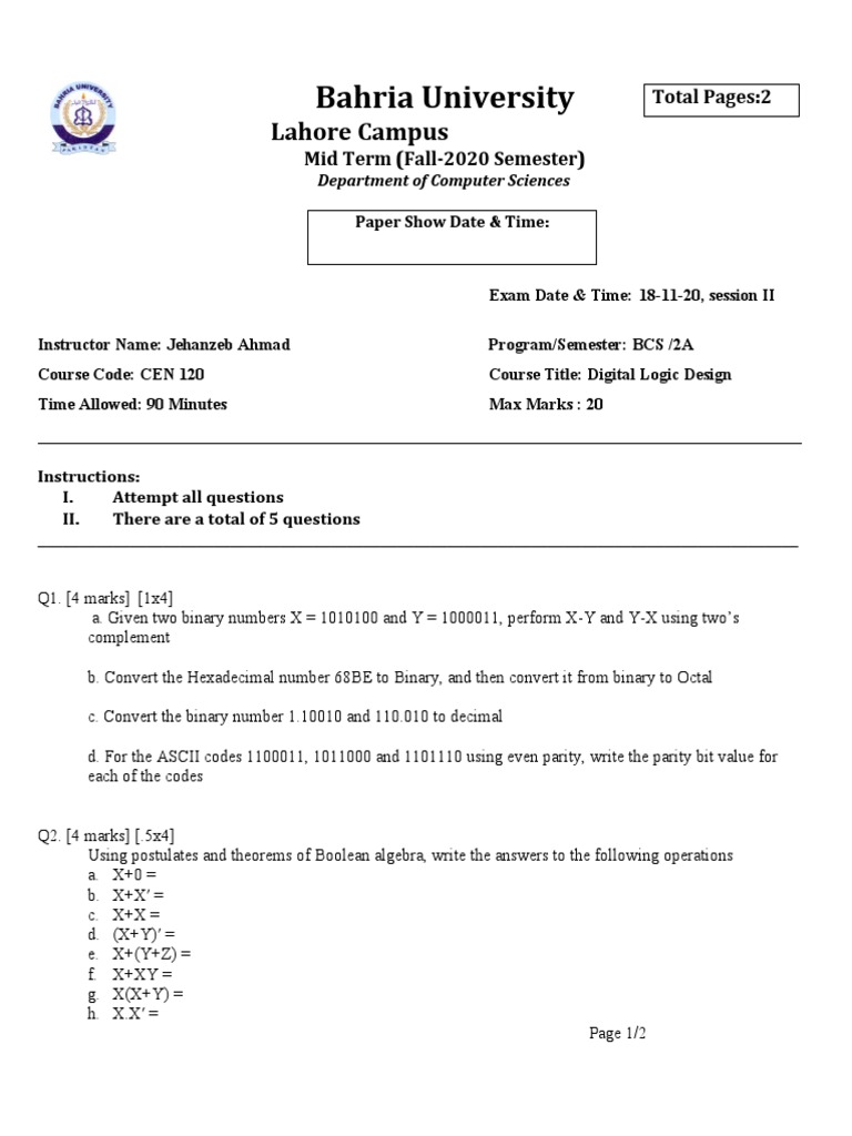DLD Mid Term 2020 Fall | PDF | Boolean Algebra | Teaching Mathematics