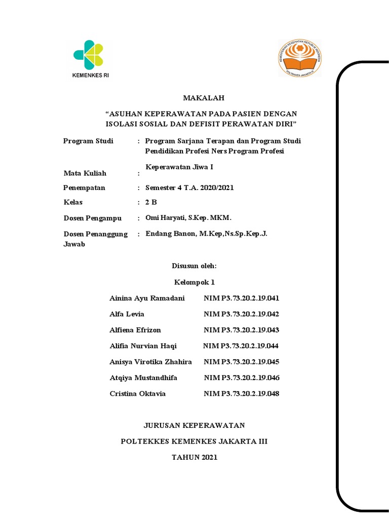 Kel 1 - Ners 2B - Askep Pada Klien Dengan Defisit Perawatan Diri - Kep ... Kel 1 - Ners 2B - Askep Pada Klien Dengan Defisit Perawatan Diri - Kep ...