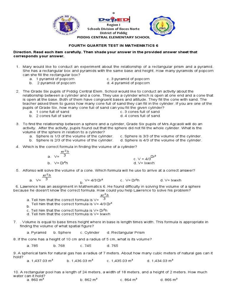 Periodical Test in Math 4th Pces | PDF | Volume | Area