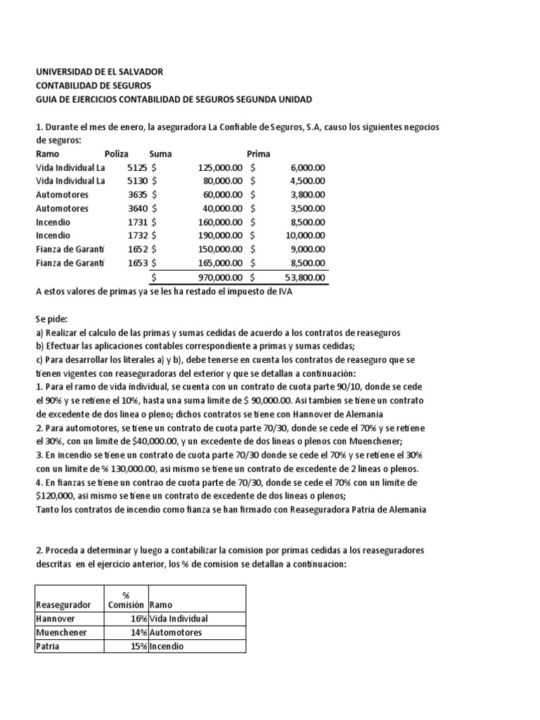 Guia de Ejercicios Unidad 2-Reaseguro | PDF | Reaseguro | Póliza de seguros