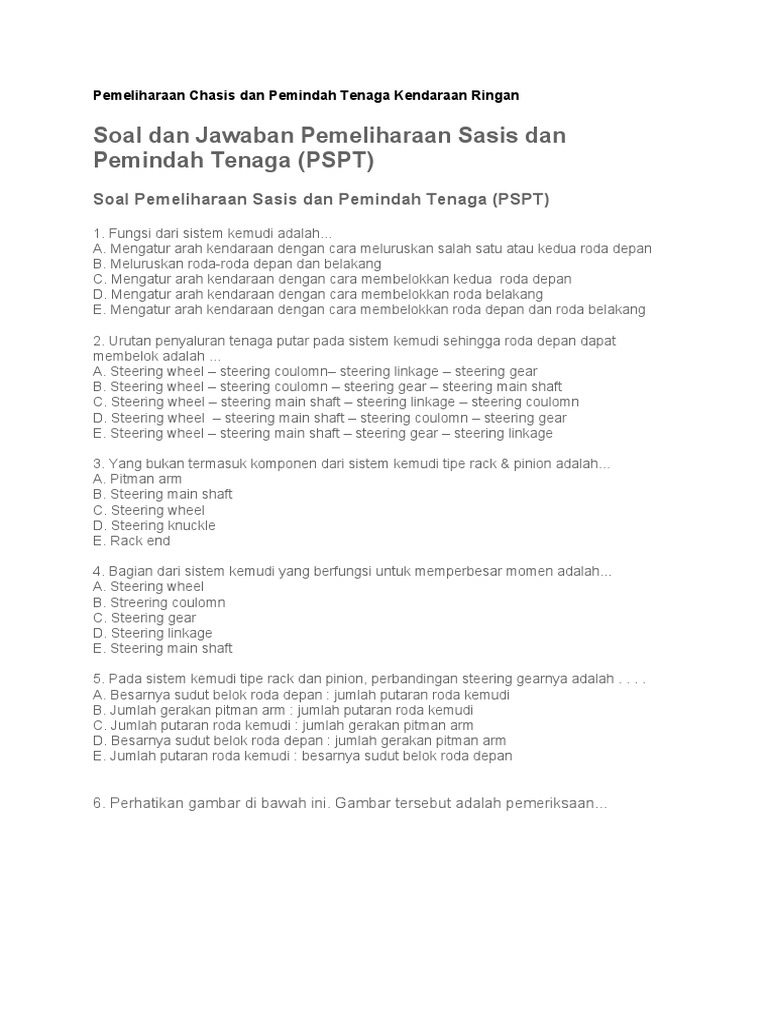 Pemeliharaan Chasis Dan Pemindah Tenaga Kendaraan Ringan | PDF