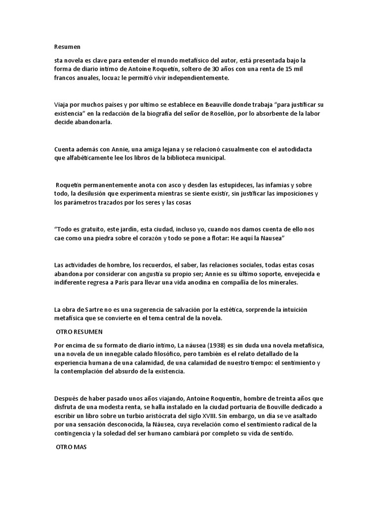 Resumen La Nausea | PDF | Existencialismo | Jean Paul Sartre