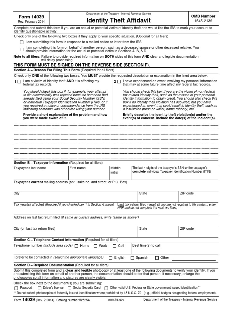 Identity Theft Affidavit: Form 14039 | PDF | Internal Revenue Service ...