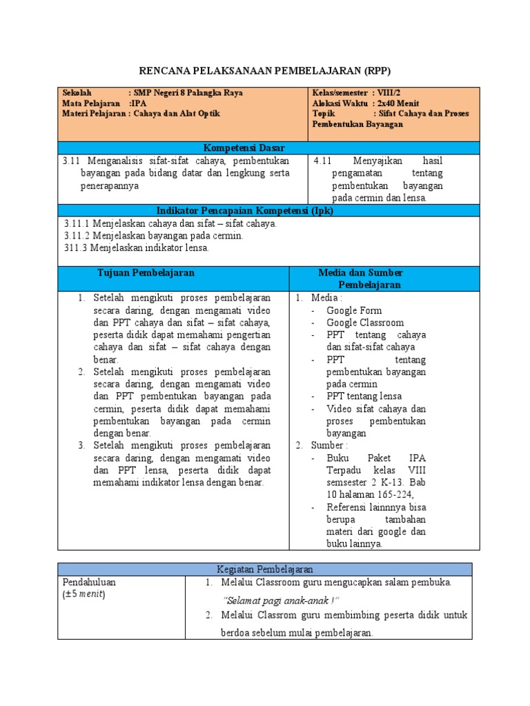 RPP Sifat Cahaya Dan Proses Pembentukan Bayangan - Lindae | PDF