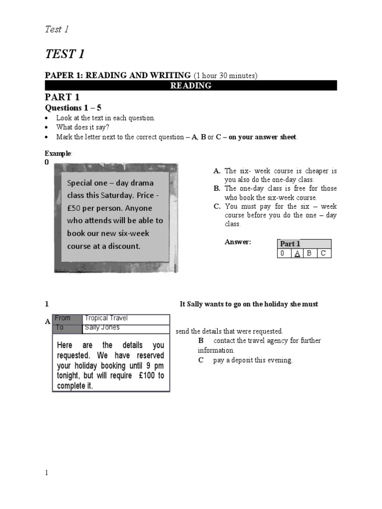 TEST 1 + Key + PET8 | Download Free PDF | Hotel | Question