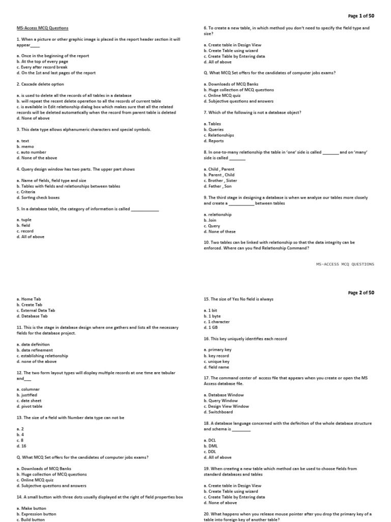 MS Access MCQ Questions | PDF | Microsoft Access | Databases