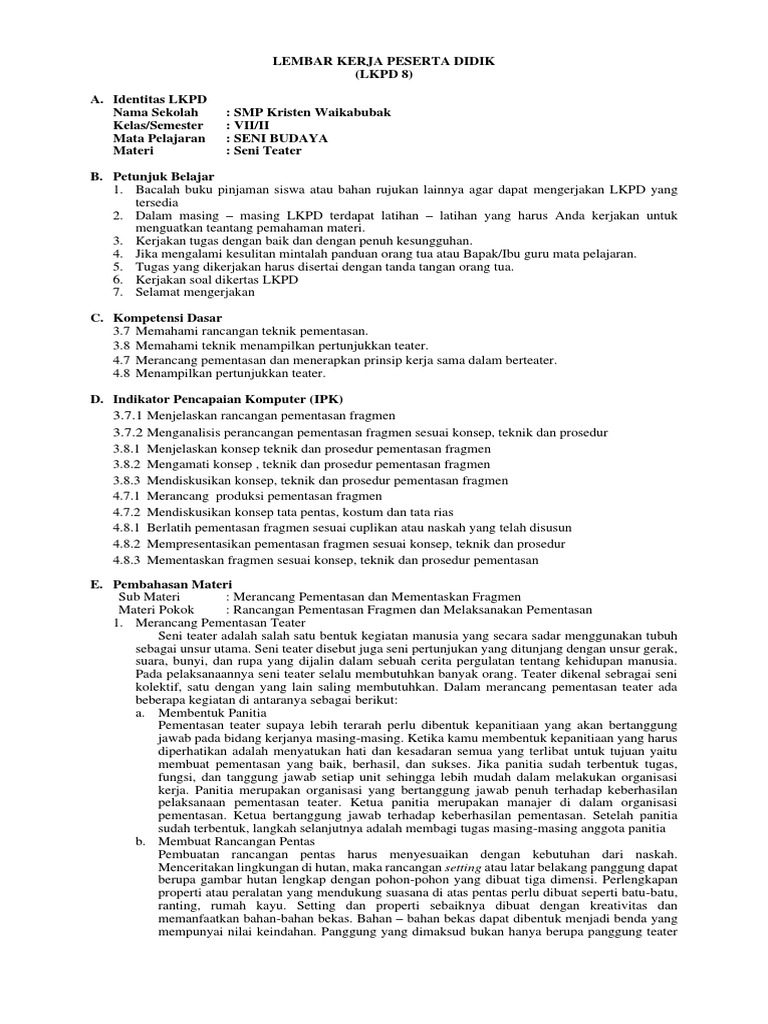 LKPD - 8 Seni Budaya Kelas VII-dikonversi | PDF