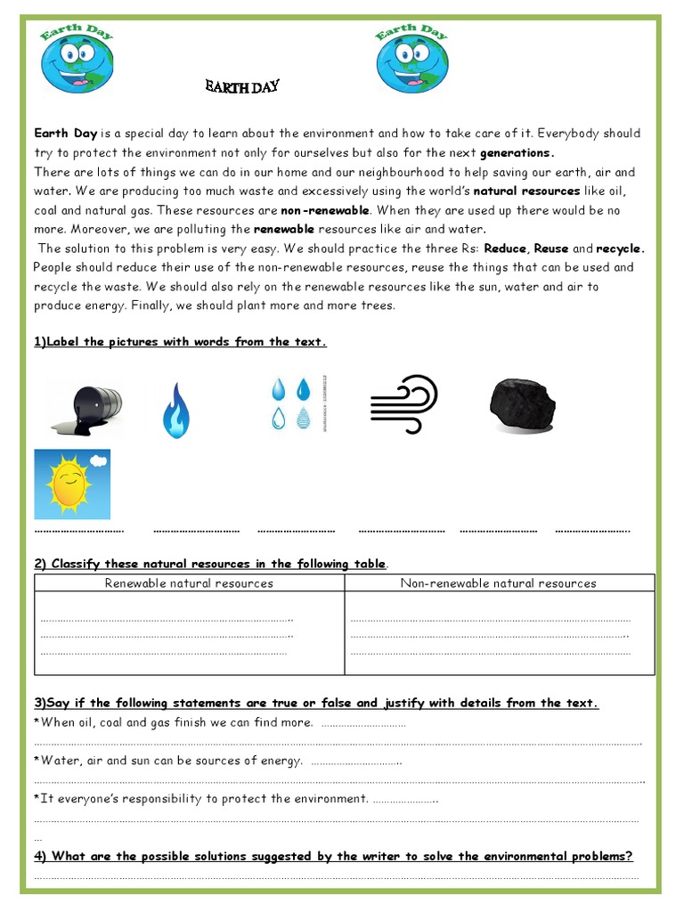 Earth Day Reading Comprehension Exercises - 93160 | PDF