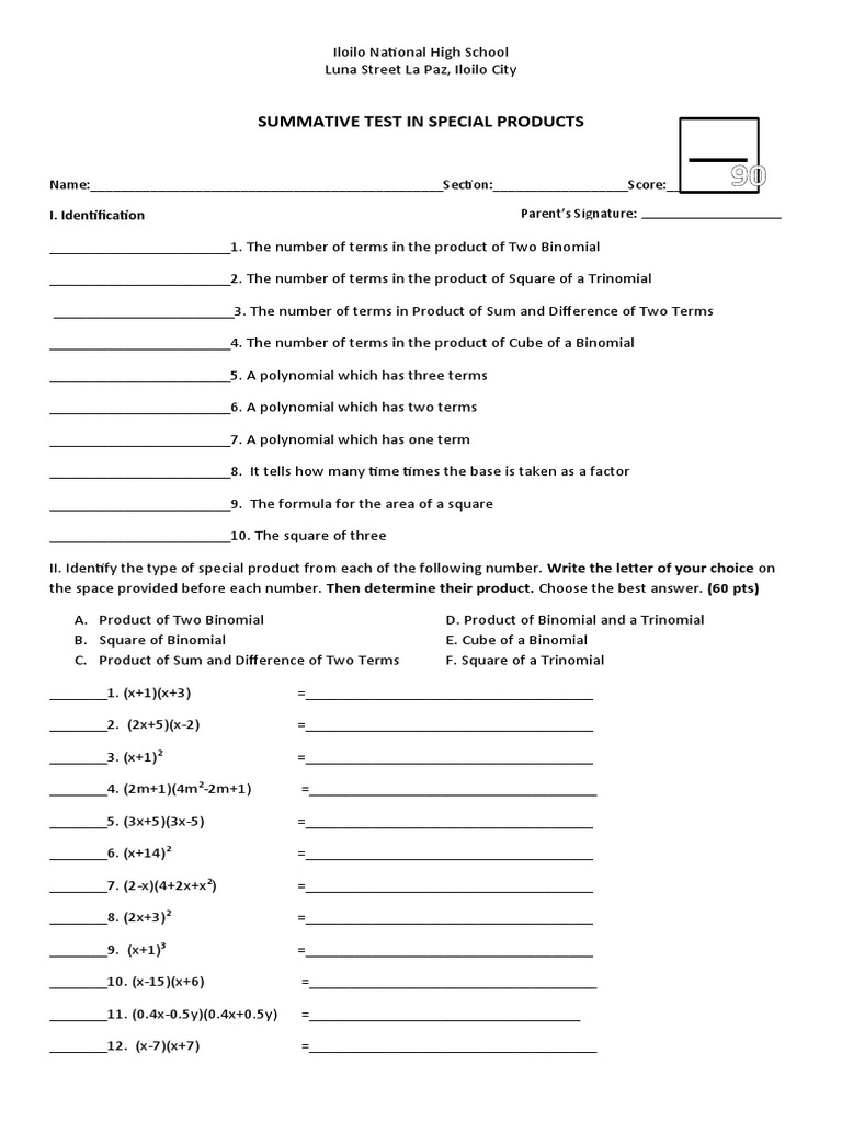 Summative Test in Special Products | PDF | Summation | Abstract Algebra