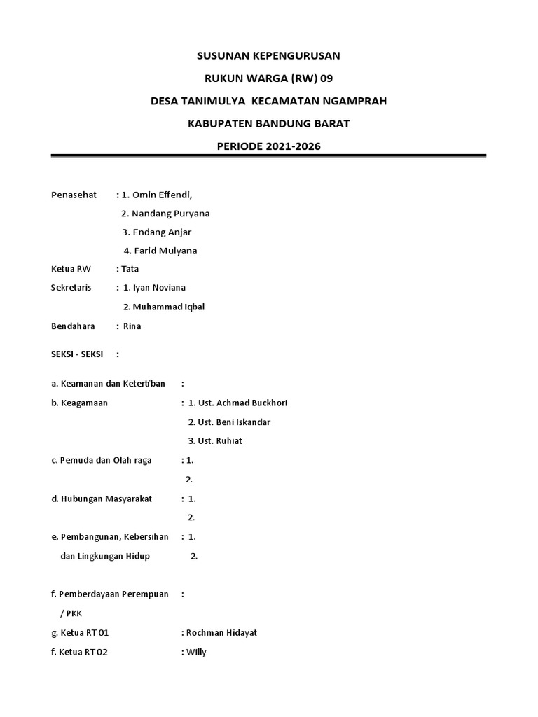 Draft Struktur Kepengurusan RW Dan RT | PDF