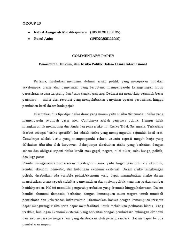 Commentary Paper Group 10 - Pemerintah Hukum Dan Risiko Politik Dalam ...