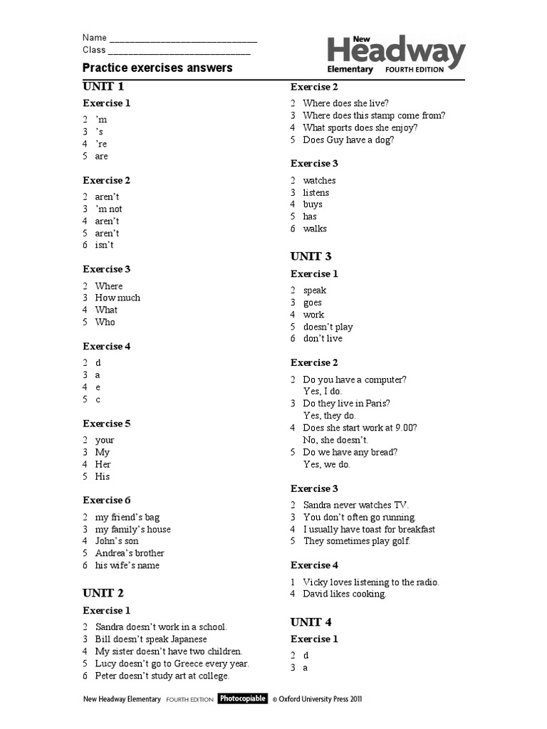 Practice Exercises Answers Unit 1: Exercise 1 Exercise 2 | PDF