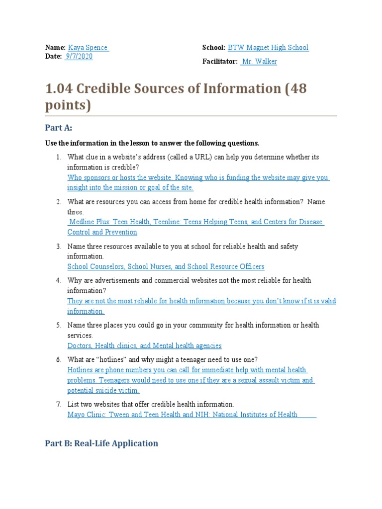1.04 Credible Sources of Information (48 Points) : Part A | PDF ...