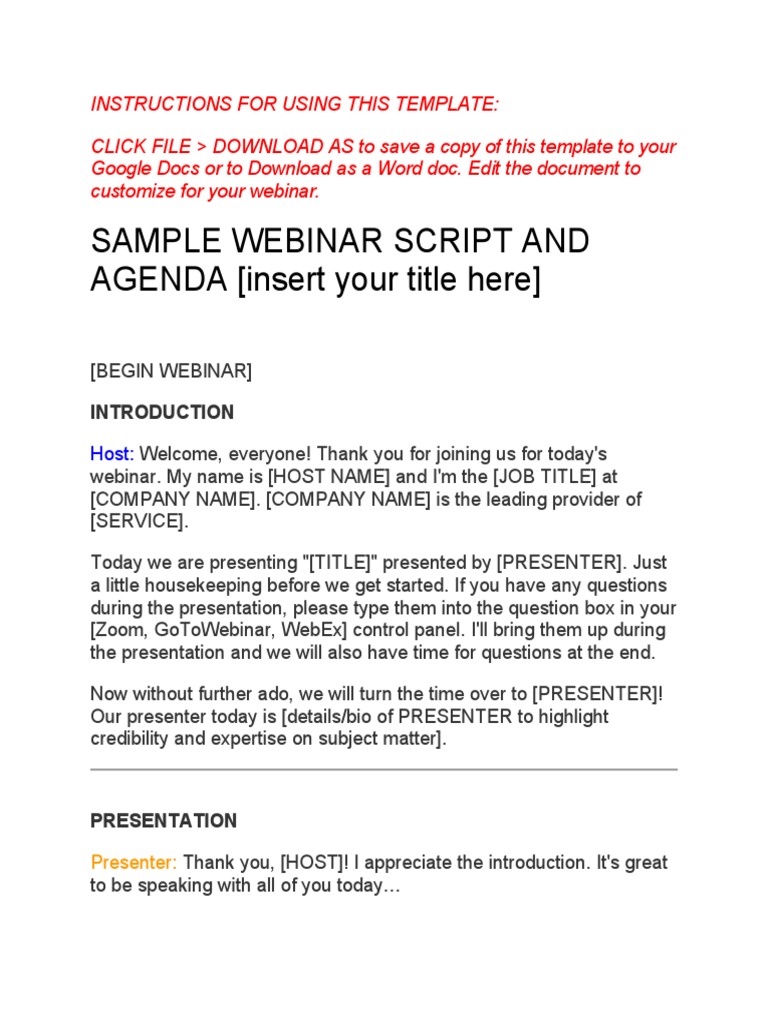 Sample Webinar Script and Agenda Template | PDF