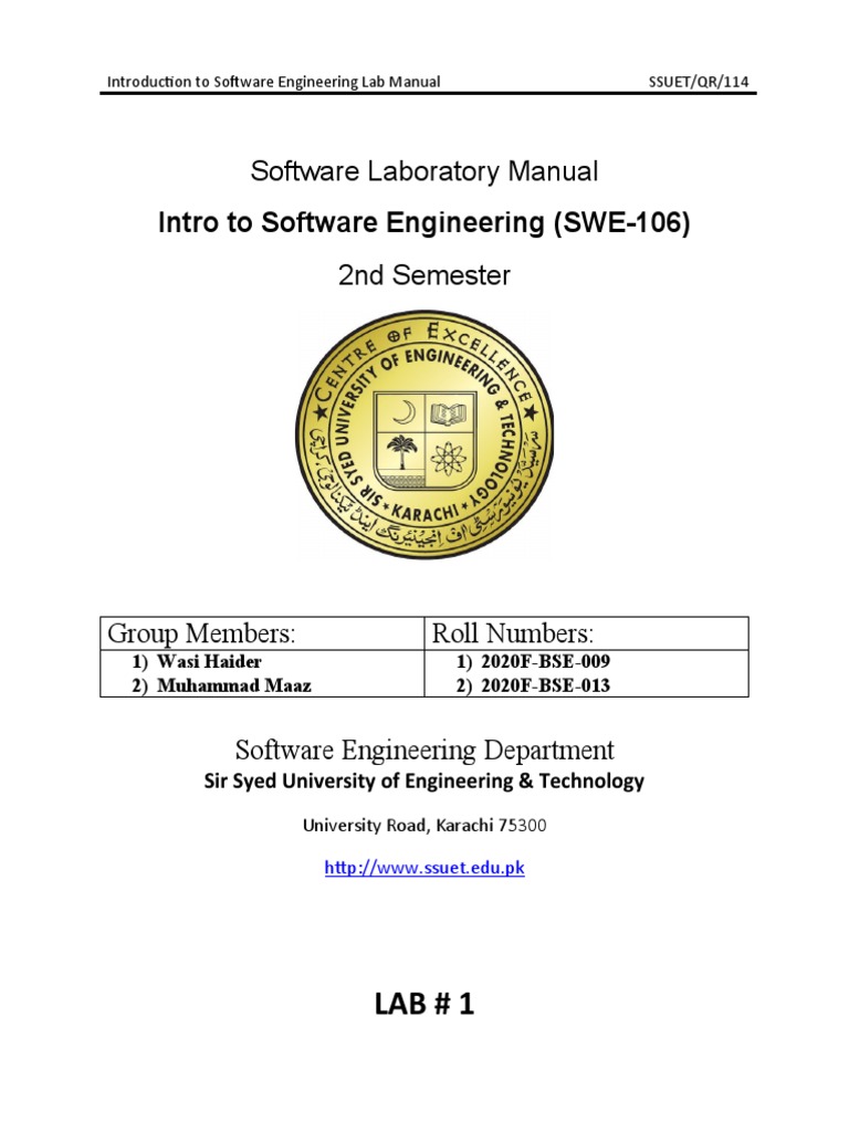 Software Laboratory Manual: Intro To Software Engineering (SWE-106 ...