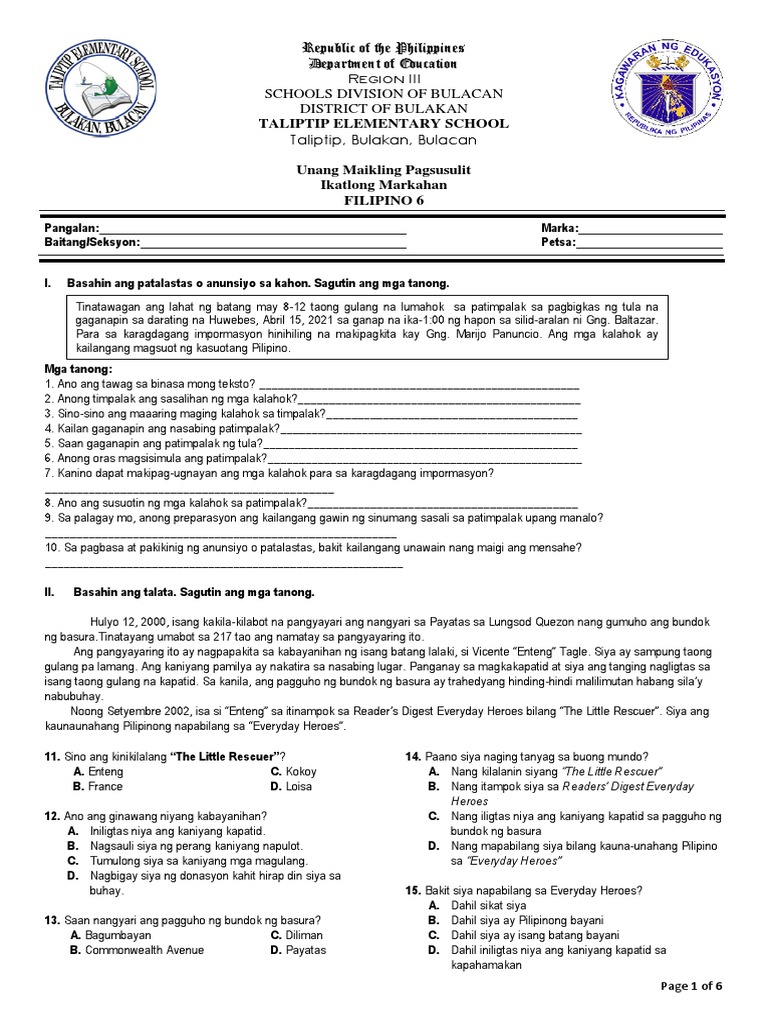 Filipino-6 - Maikling Pagsusulit - Ikatlong Markahan | PDF