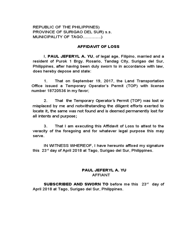 Affidavit of Loss - T.O.P | PDF