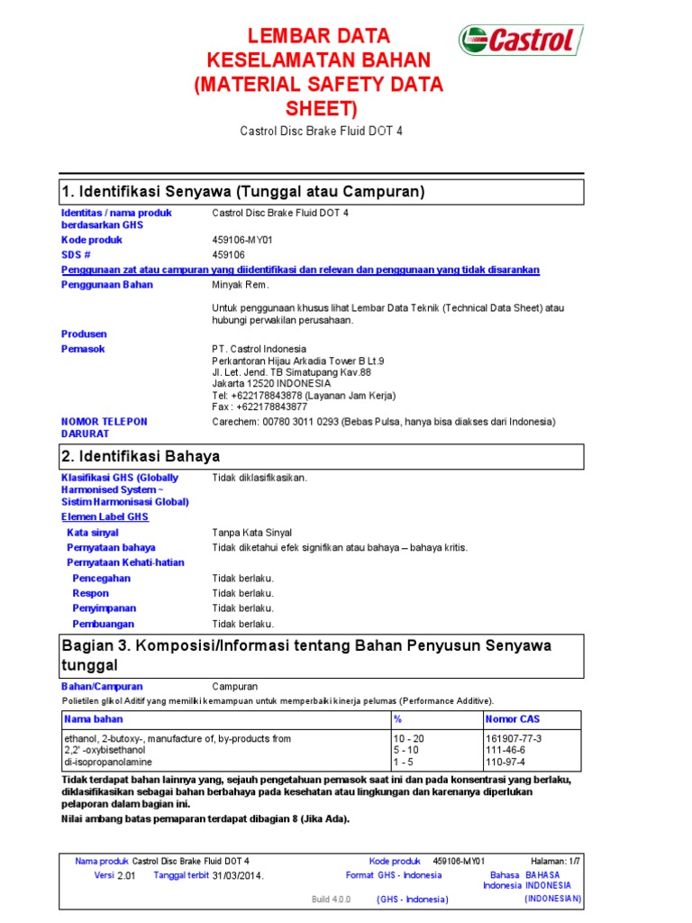 MSDS Minyak Rem Castrol DOT 4 | PDF | Teknologi & Rekayasa