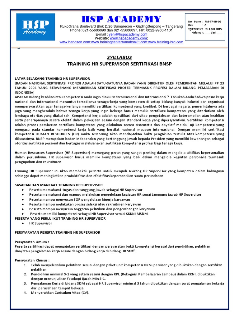 Contoh Kompetensi HRD BNSP RI | PDF