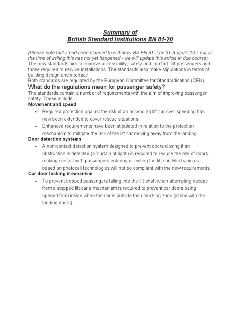 Summary of British Standard Institutions EN 81-20: What Do The ...