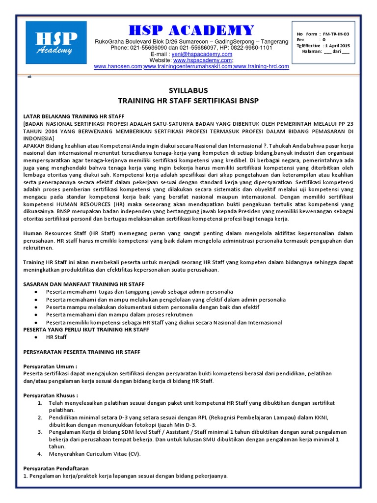 Training HR Staff Sertifikasi BNSP | PDF