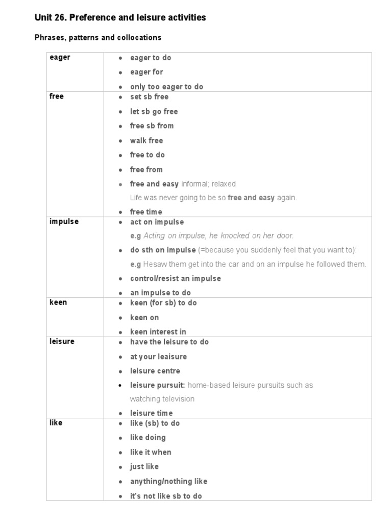 Unit 26. Preference and Leisure Activities: Phrases, Patterns and ...