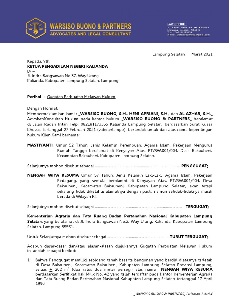 Gugatan Perbuatan Melawan Hukum Tanah | PDF