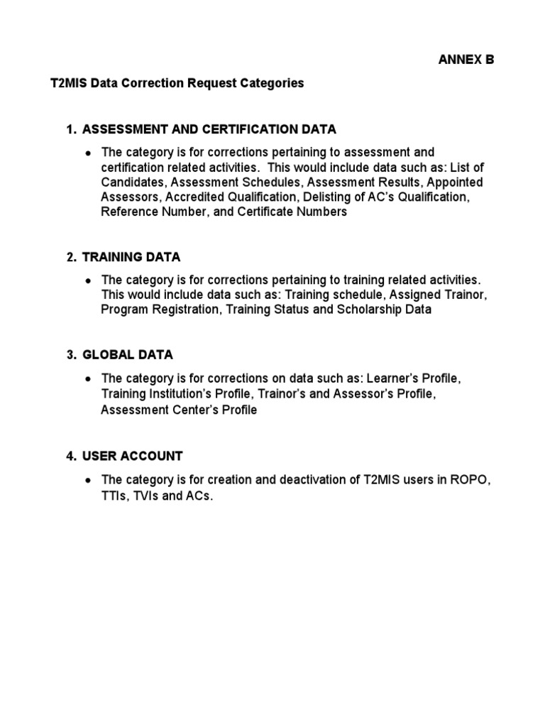 T2MIS DataCorrectionGuidelines Annex B 202104 | PDF | Computing | Business