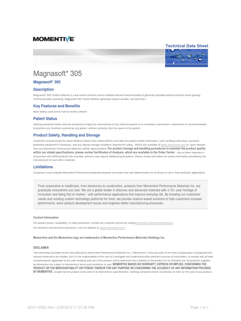 Technical Overview and Properties of Magnasoft 305 Textile Softener ...