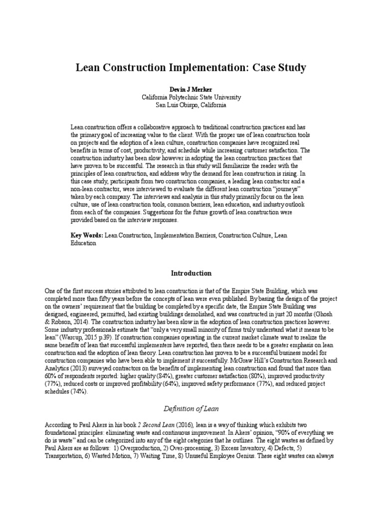 Lean Construction Implementation: Case Study: Devin J Merker | PDF ...