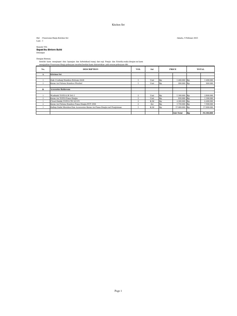 Penawaran Harga Kitchen Set Rumah Ibu Jacklyn Bogor | PDF