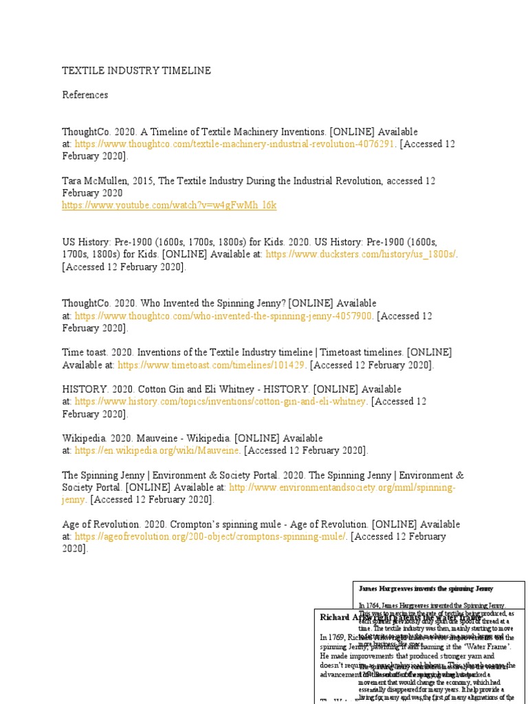 Textile Industry Timeline | PDF | Spinning (Textiles) | Loom
