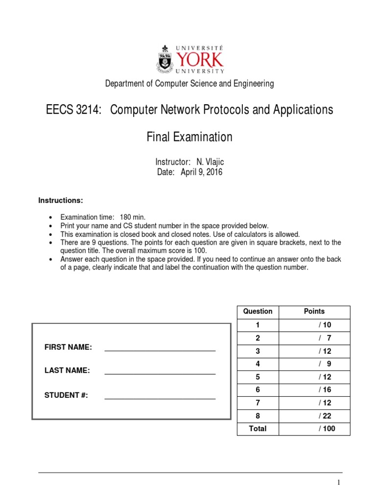 EECS 3214: Computer Network Protocols and Applications Final Examination | PDF | Transmission ...