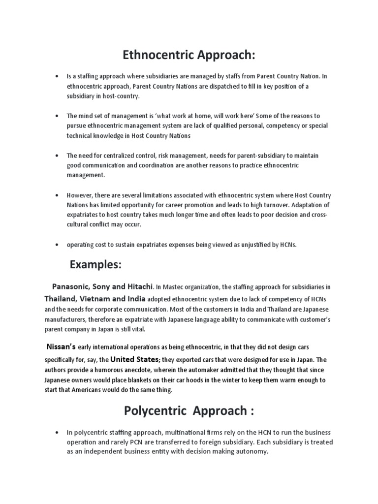 Ethnocentric Approach:: Examples | PDF | Subsidiary | Marketing