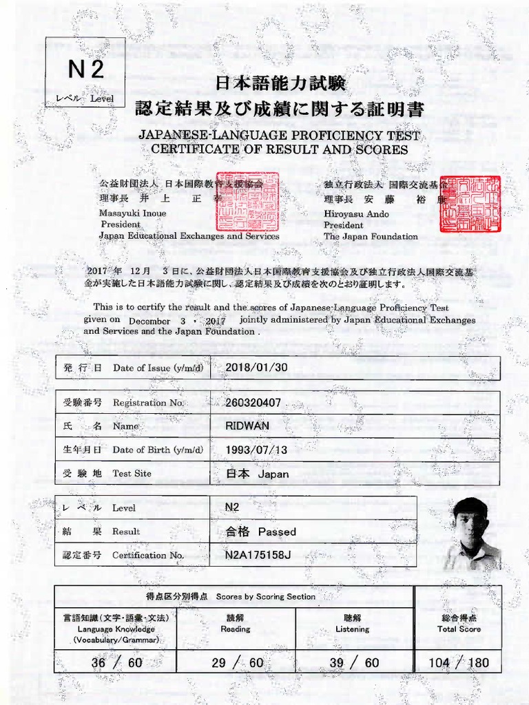 Sertifikat JLPT N2 | PDF