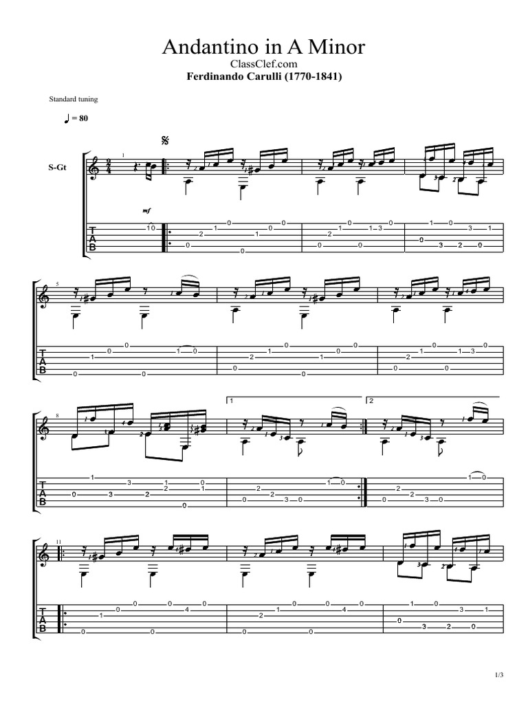 Carulli's Andantino in A Minor | PDF | Guitar Family Instruments ...