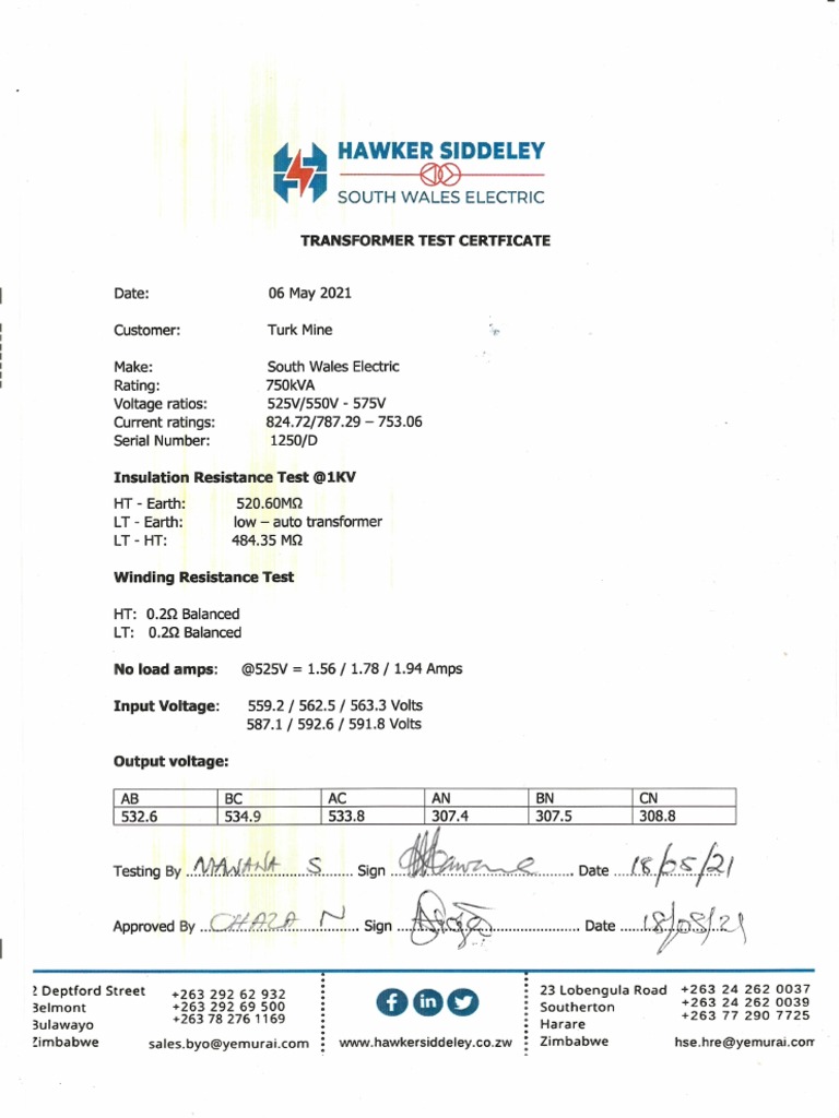 750 KVA Transformer Test Certificate | PDF