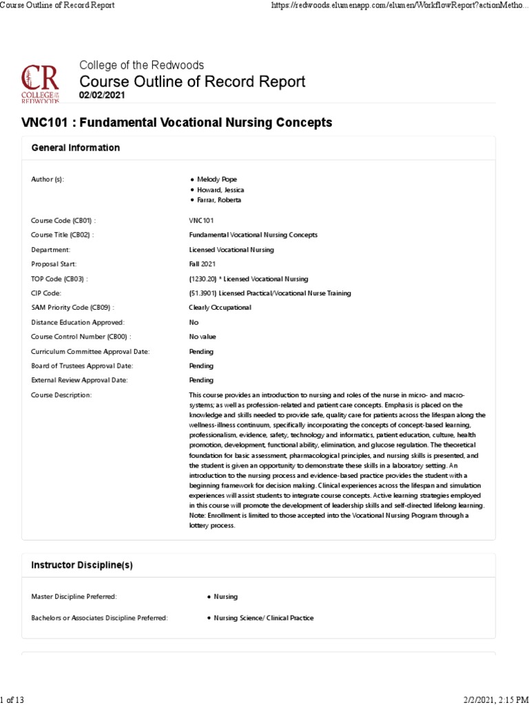 VNC101: Fundamental Vocational Nursing Concepts: College of The ...
