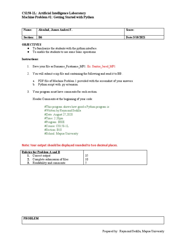 CS158-1L: Artificial Intelligence Laboratory Machine Problem #1: Getting Started With Python ...