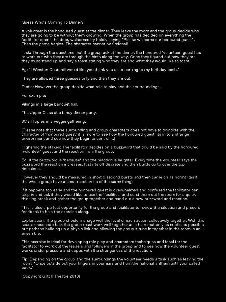 Guess Who's Coming To Dinner Workshop Game Instructions | PDF