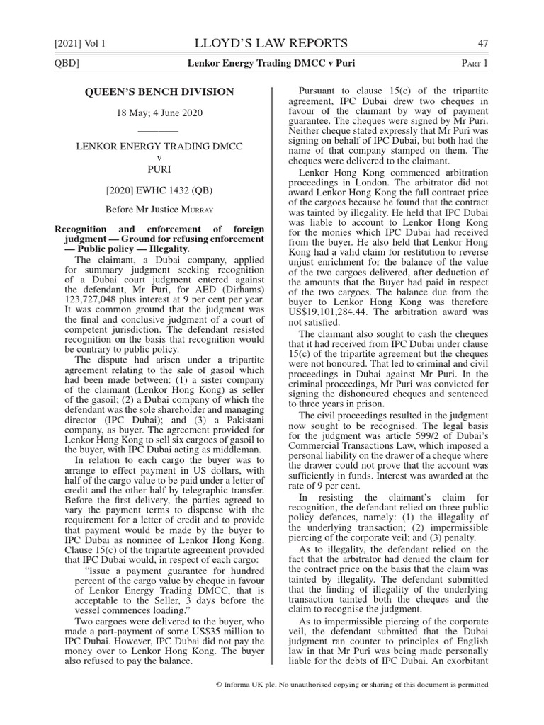 LENKOR ENERGY (2021) Public Policy | PDF | Judgment (Law) | Arbitration