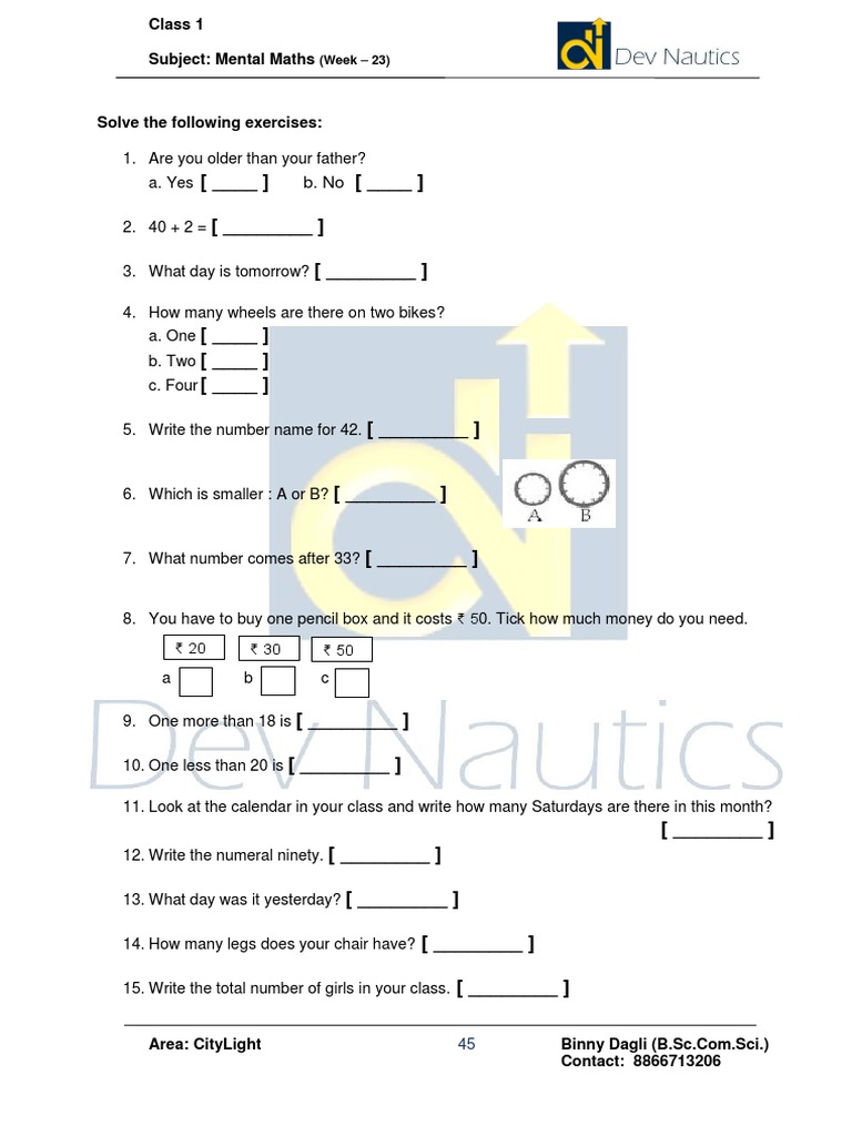 Mental Maths - Class 1 - Weekwise Worksheet 23 | PDF