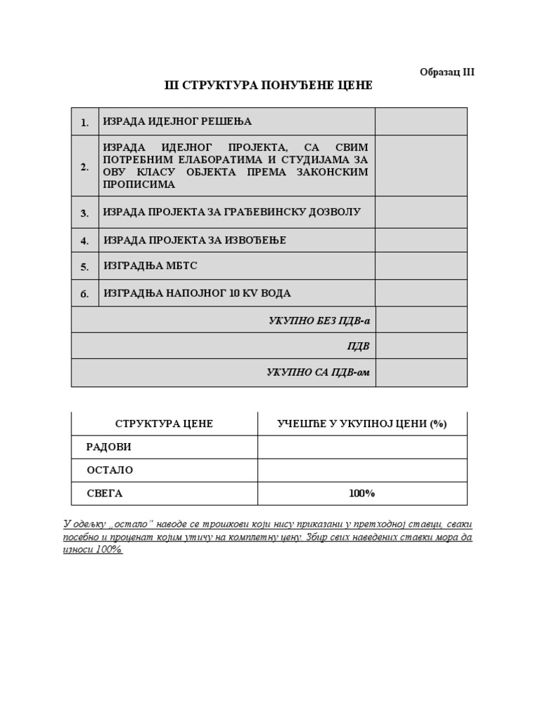 Struktura Ponudene Cene - Obrazac III - 96 or 21 | PDF