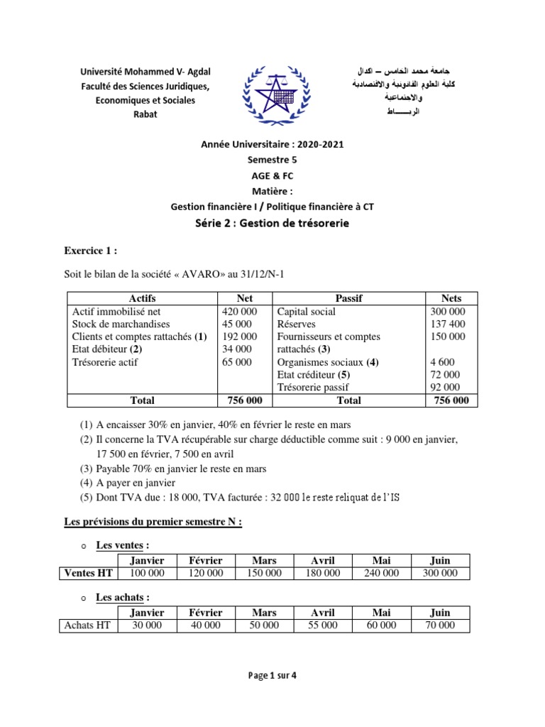 Serie 2 - Gestion de Trésorerie | PDF | Taxe sur la valeur ajoutée | Bilan comptable