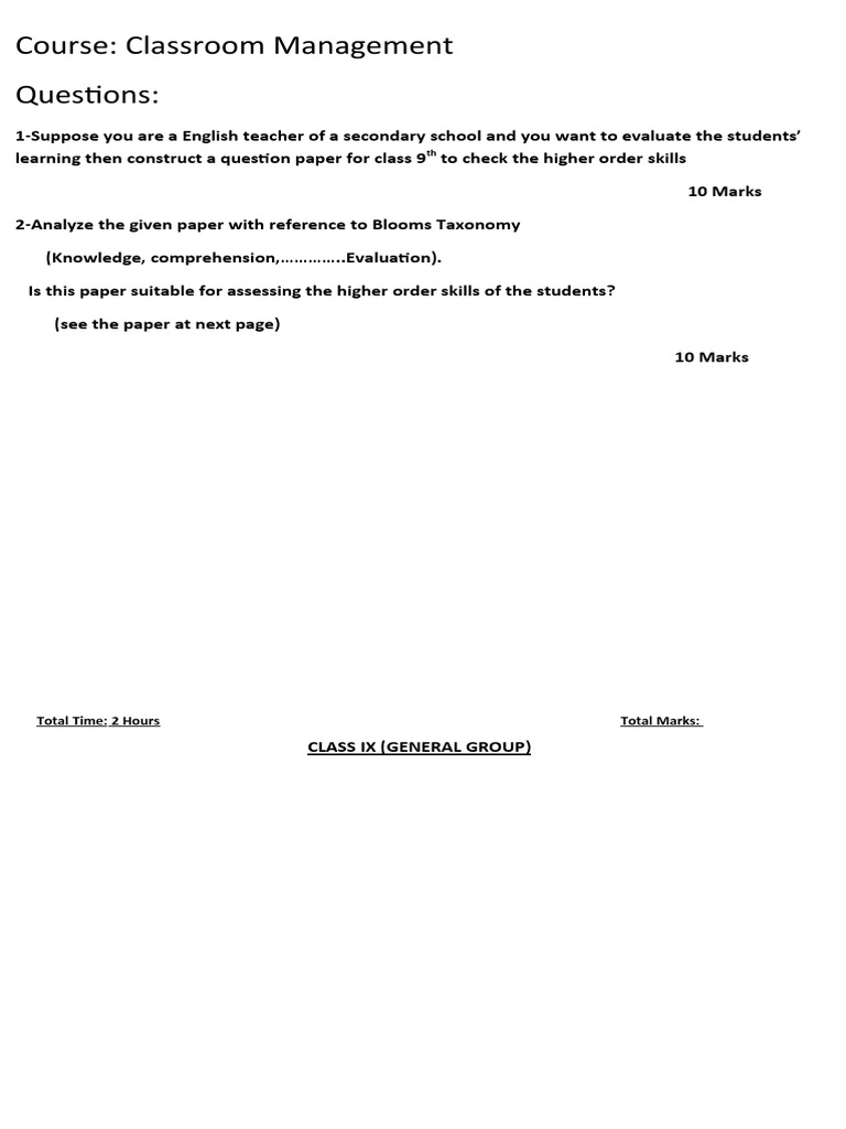 Course: Classroom Management Questions:: Total Time: 2 Hours Total ...