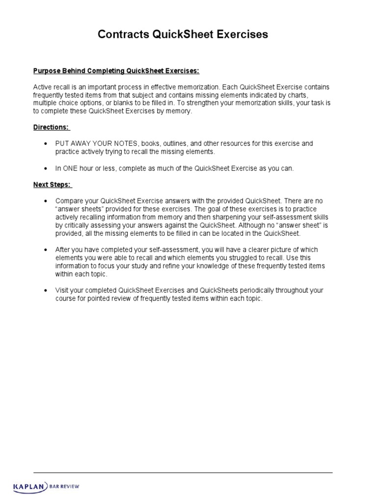 Contracts Quicksheet Exercises | PDF | Assignment (Law) | Offer And ...